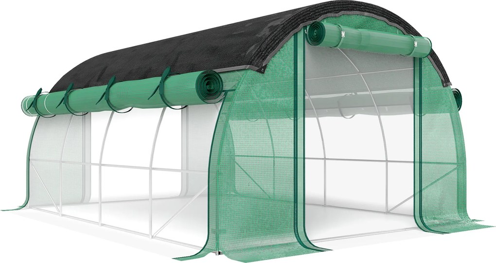 polytunelový skleník 4 x 3 x 2 m s ochrannou sítí proti slunci, rolovací boční stěny, plastový kryt, ocelový rám, zelený