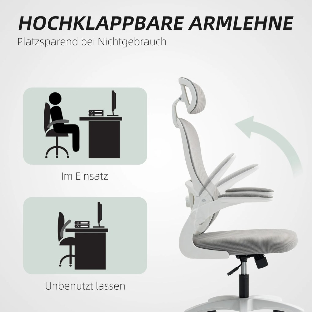 HOMCOM Ergonomická kancelářská židle s opěrkou zad z síťoviny, výškově nastavitelná, sklápěcí loketní opěrky, 5 koleček, houpací funkce, šedá