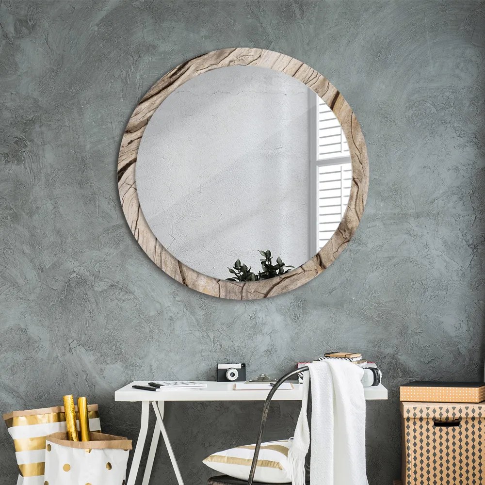 Kulaté zrcadlo tištěný rám Prasklé dřevo fi 90 cm