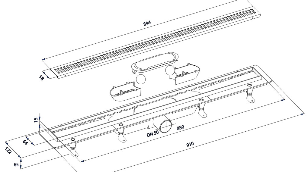 Sapho, INDY sprchový kanálek s nerezovým roštem, superflow, DN50, 910x122x65 mm