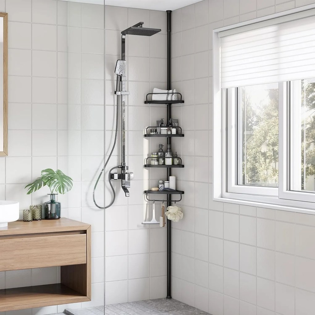 Sprchový rohový regál, 4-podlažní koupelnový sprchový regál 85-305 cm, černý