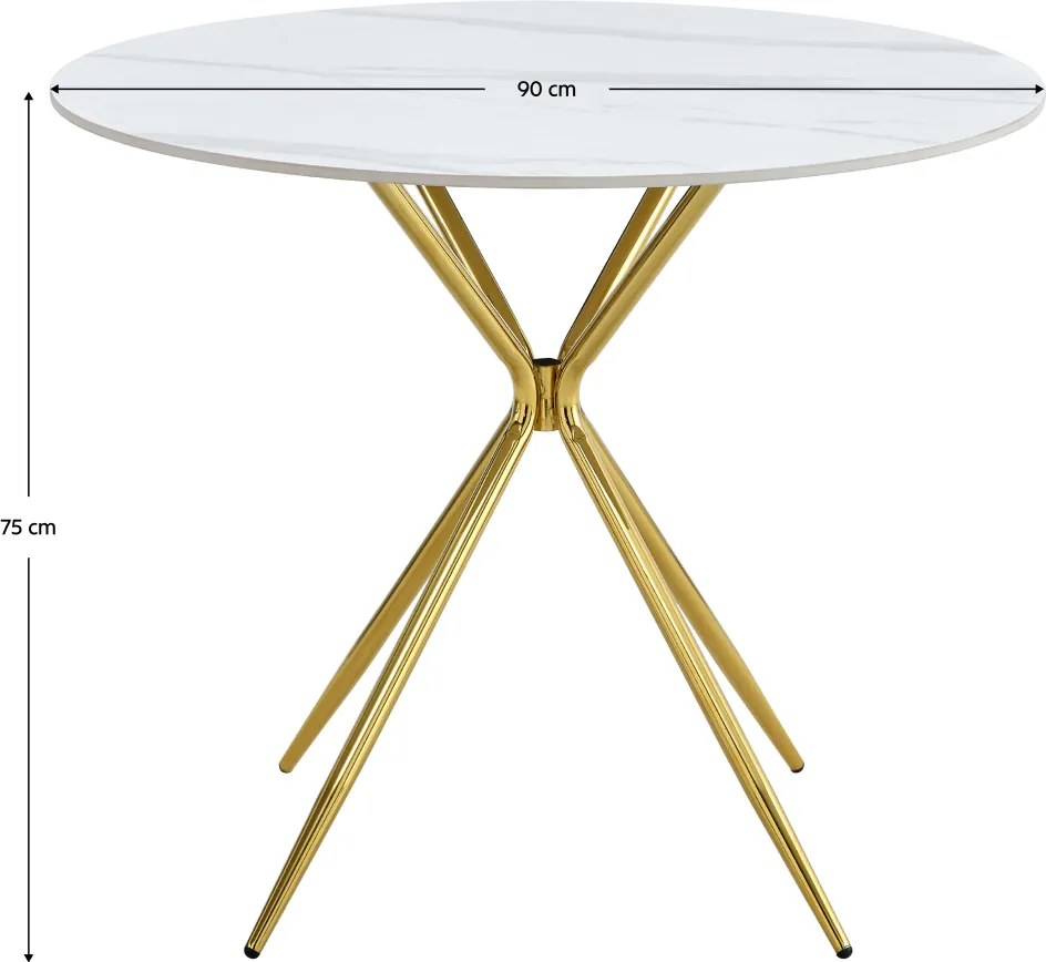 Jídelní stůl, bílý mramor/gold chrom zlatá, průměr 90 cm, MEKNER
