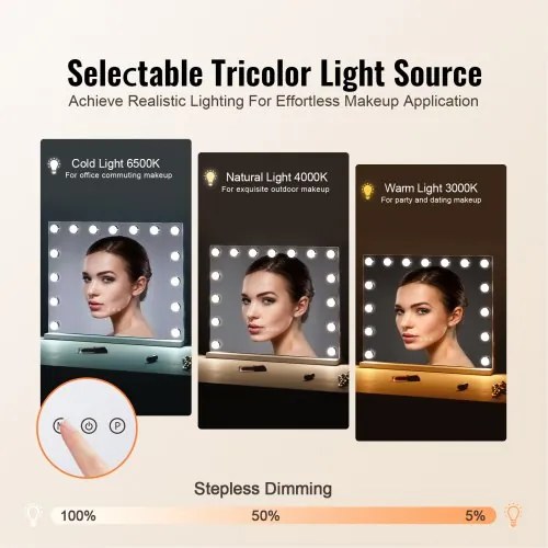 Hollywoodské toaletní zrcadlo se světly s USB stolním držákem na stěnu 57,9 × 46 cm