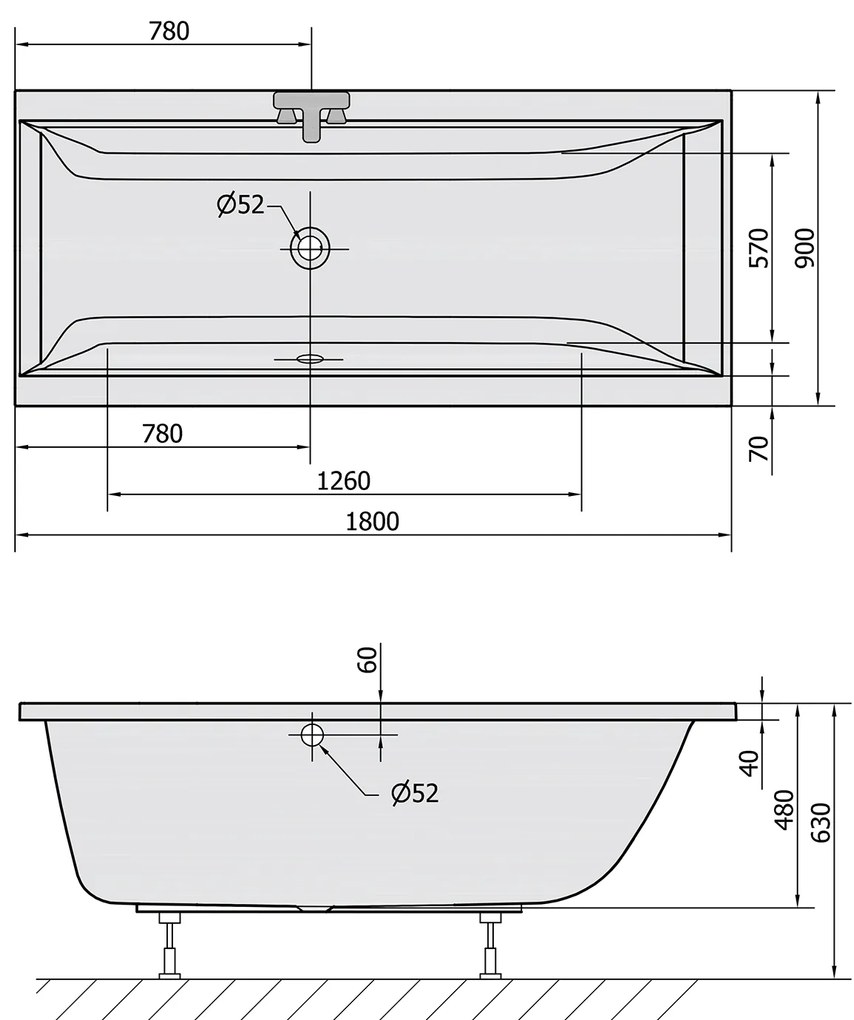 Polysan CLEO obdélníková vana 180x90x48 cm, bílá, 13111