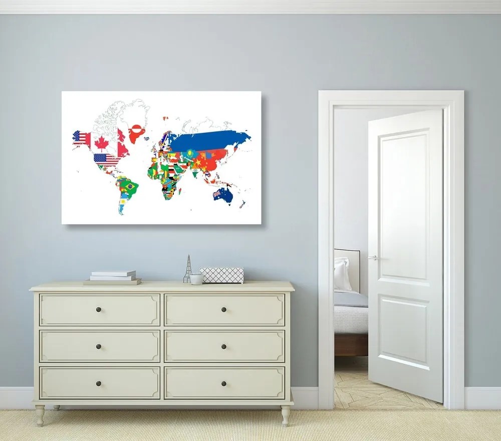 Obraz mapa světa s vlajkami s bílým pozadím - 60x40 cm