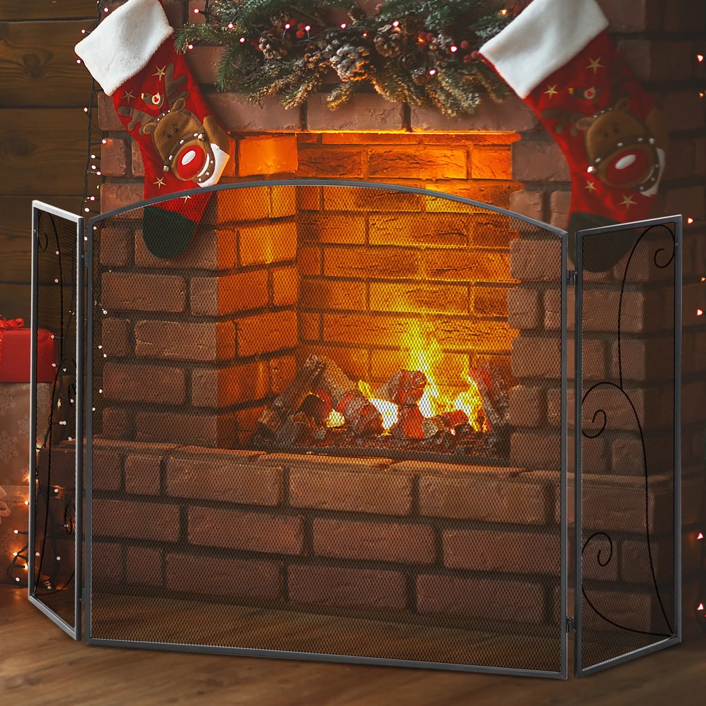 HOMCOM Krbová mřížka 3 panely výklopná Ochranná mřížka proti jiskrám Ochranná mřížka na kamna Kovová černá 1325 x 765cm pro bezpečný prostor krbu
