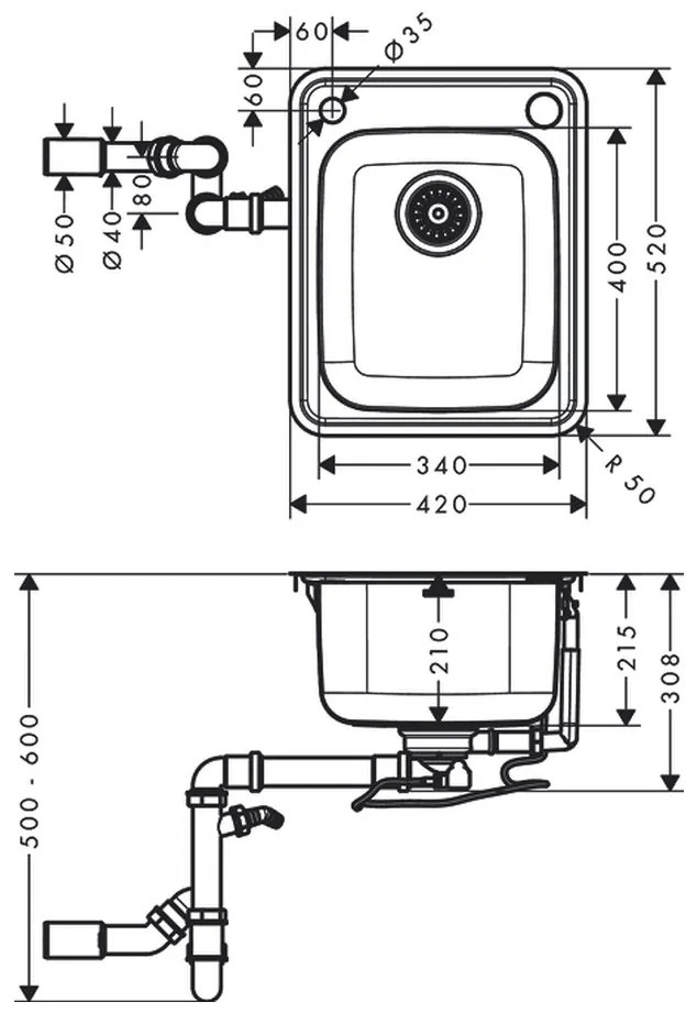 Hansgrohe S41 - S412-F340 Vestavěný dřez 340/400, nerezová ocel 43334800