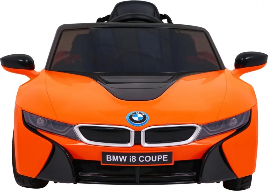 Ramiz Elektrické autíčko BMW i8 Lift oranžové + dálkové ovládání + pomalý rozjezd + 3bodové pásy + MP3 USB + LED