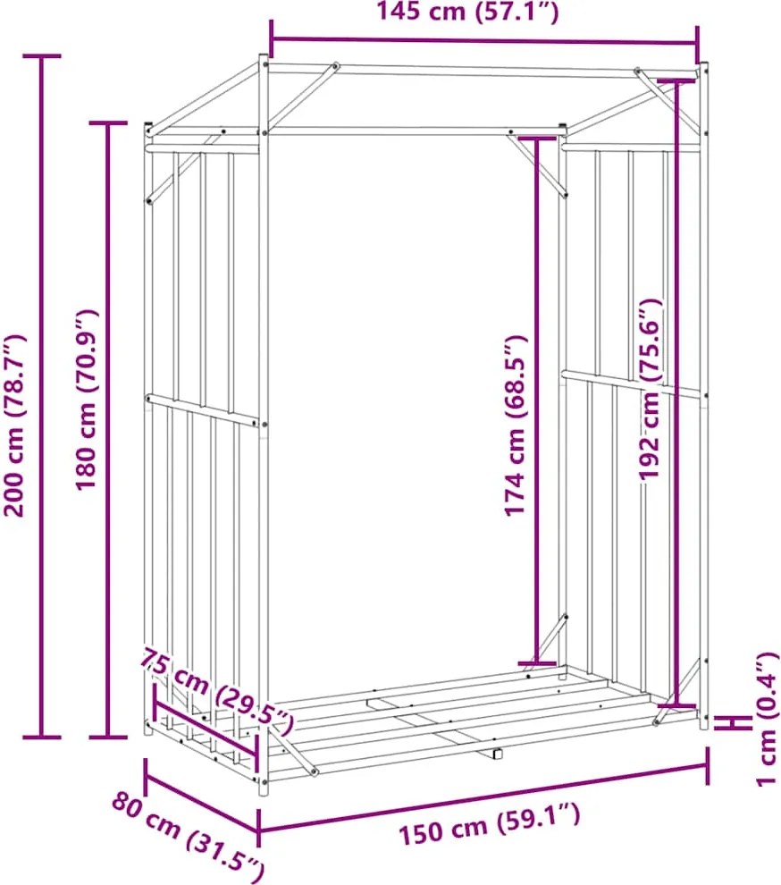 vidaXL Stojan na palivové dřevo s krytem proti dešti 150x80x200 cm