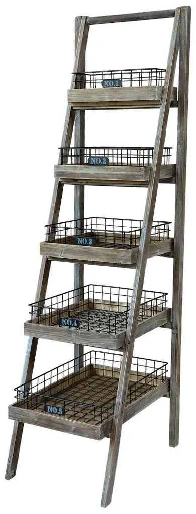 Hnědý antik dřevěný regál s košíky Cart No 5 - 42*70*170cm