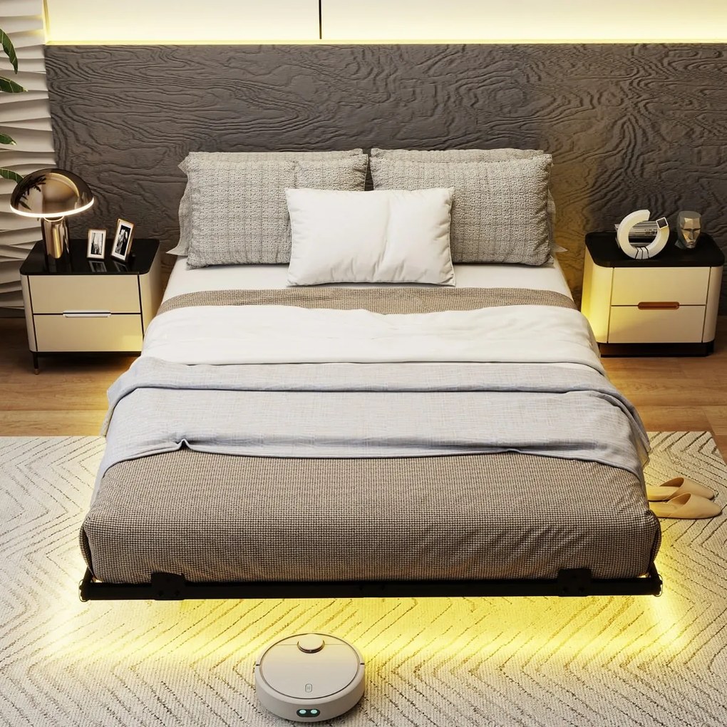 Costway Rám dvoulůžka plovoucí postel s LED světly moderní rám z kovu černé