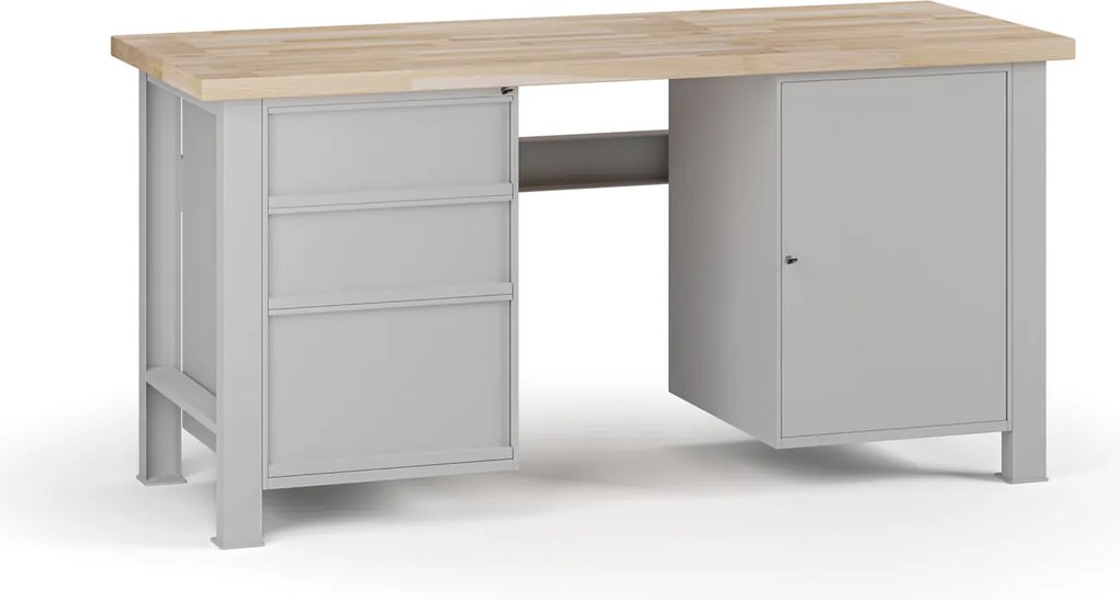 Dílenský pracovní stůl G7, buková spárovka, 1700 x 685 x 840 mm, 1x skříňka, 3 zásuvky, šedá