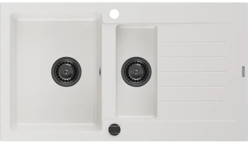 Mexen Matias - dřez granitový 900x505x200 mm, 1,5-komorový, bílá s černým sifonem, 6502901505-20-B