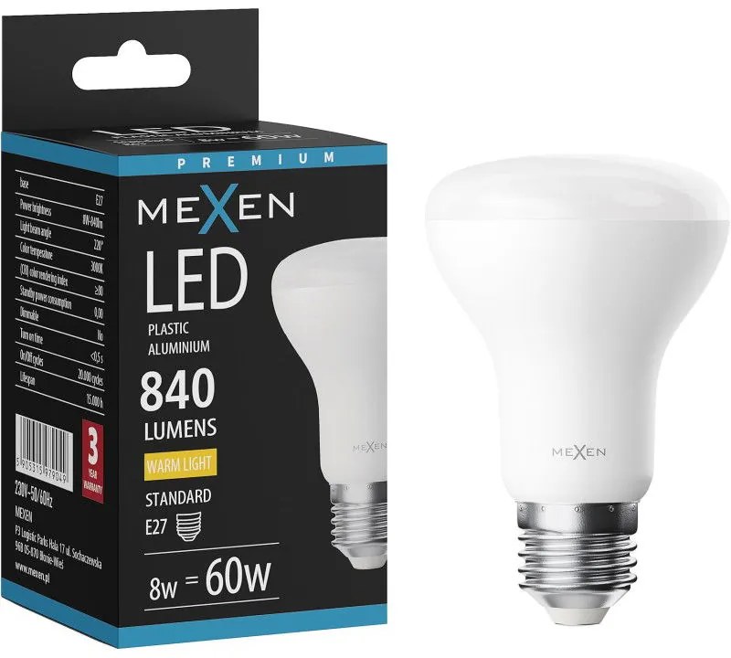 Mexen Nova LED žárovka E27, R63, 8W, Teplá - 3000K, 840 lm - L104-E27-0830-01