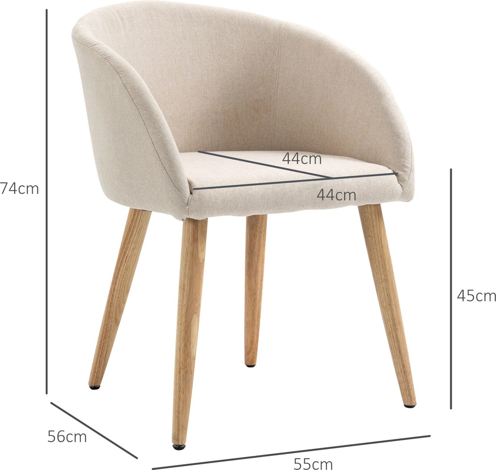 HOMCOM Sada 2 jídelních židlí - Skandinávský design - Zúžené skloněné nohy z kaučukového dřeva - Ergonomický potah s opěradlem a područkami v lnu béž…