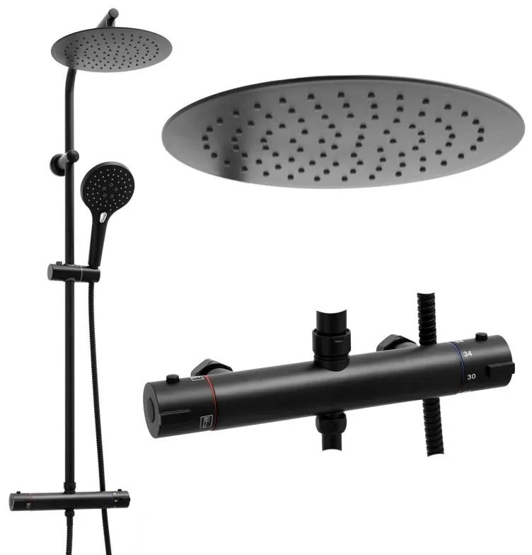 Erga Bergen Therm, sprchová souprava s termostatickou baterií a dešťovou hlavicí 25cm, černá matná, ERG-YKA-BP.BERGEN-THERM-25-BLK