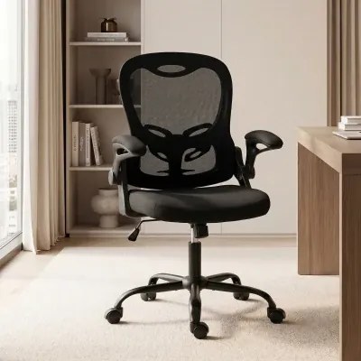 HOMCOM ergonomická kancelářská židle, síťová kancelářská židle, sklápěcí područky, výškově nastavitelná, houpací funkce, černá