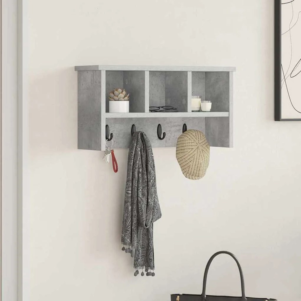 věšák, nástěnný, 3 poličky, háčky, kompozitní dřevo, 26x50x16 cm, beton šedá, Dekorino TK20260020