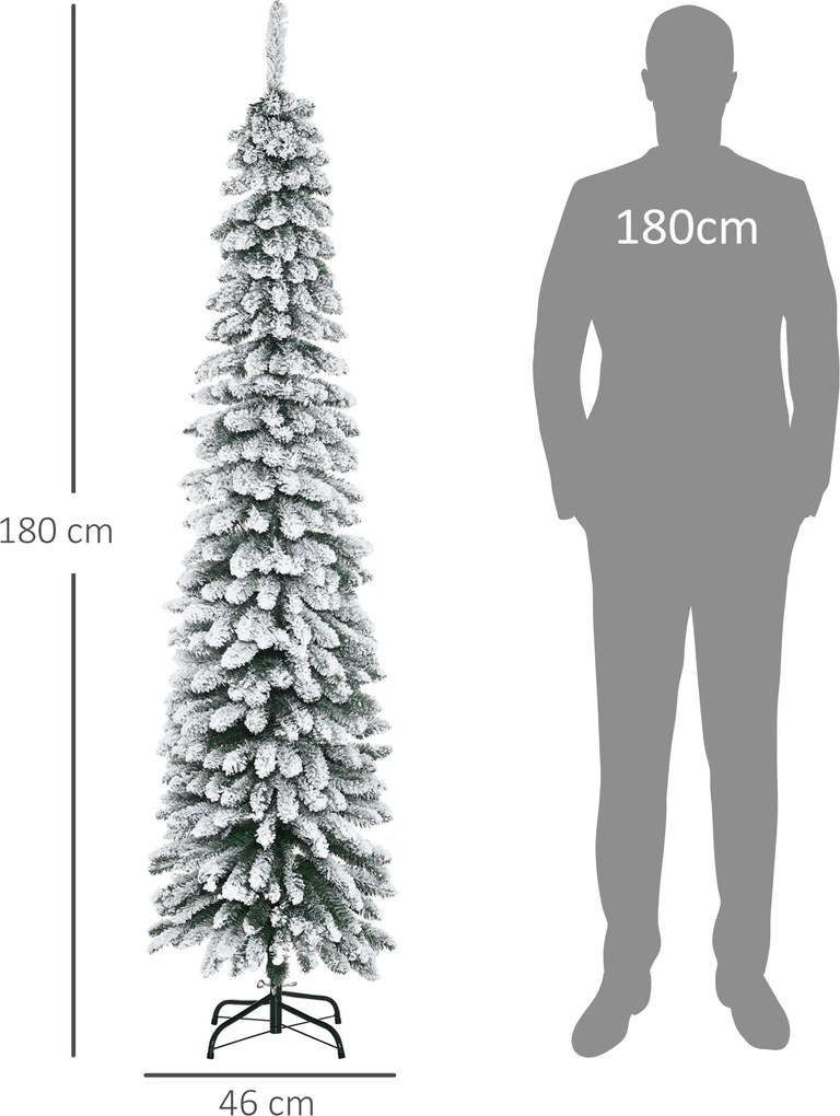 HOMCOM Umělý vánoční stromek, zasněžený, úzký design, nehořlavý, 180 cm, zelená/bílá
