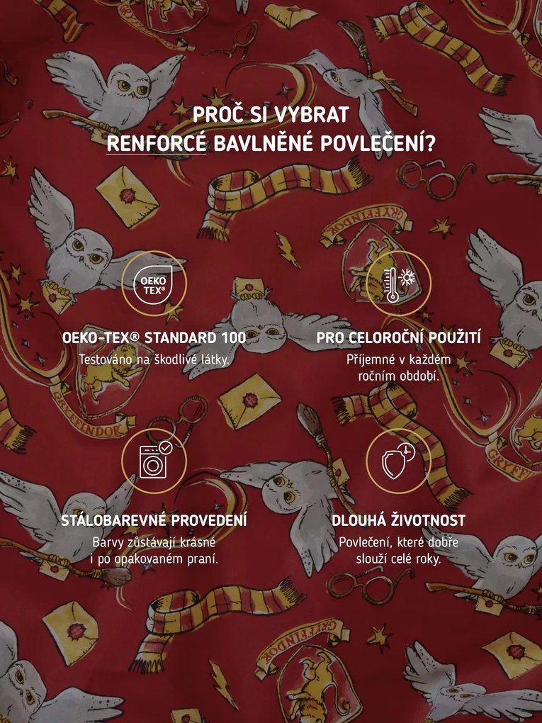 MK Lůžkoviny Prodloužené bavlněné povlečení Renforcé - Nebelvír tmavě červené 140 × 220 cm, 70 x 90 cm