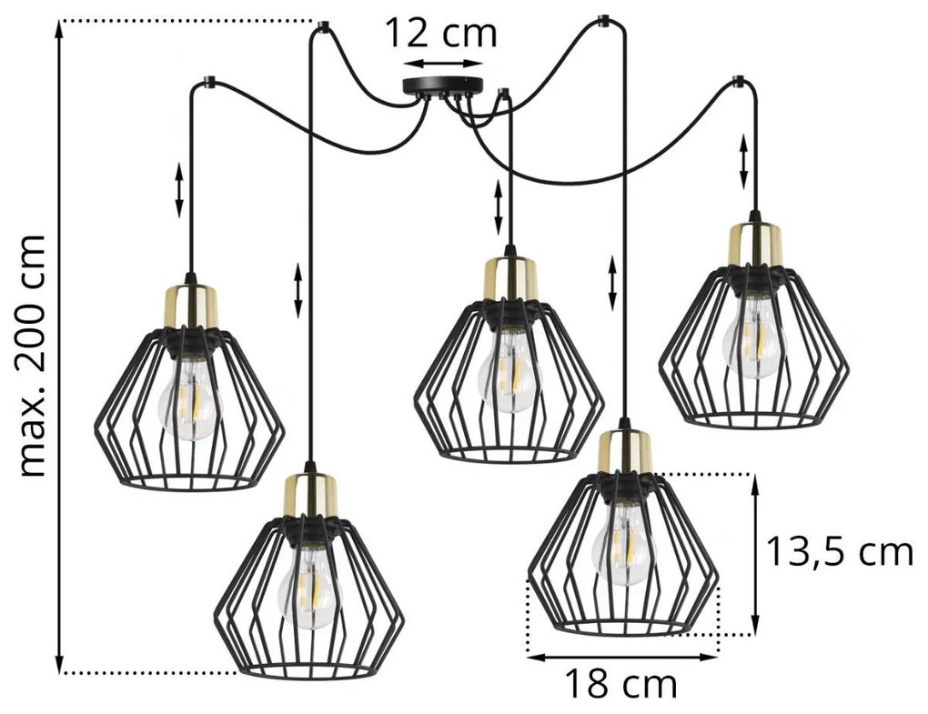 Závěsné svítidlo NUVOLA SPIDER 5, 5x černé drátěné stínítko, G