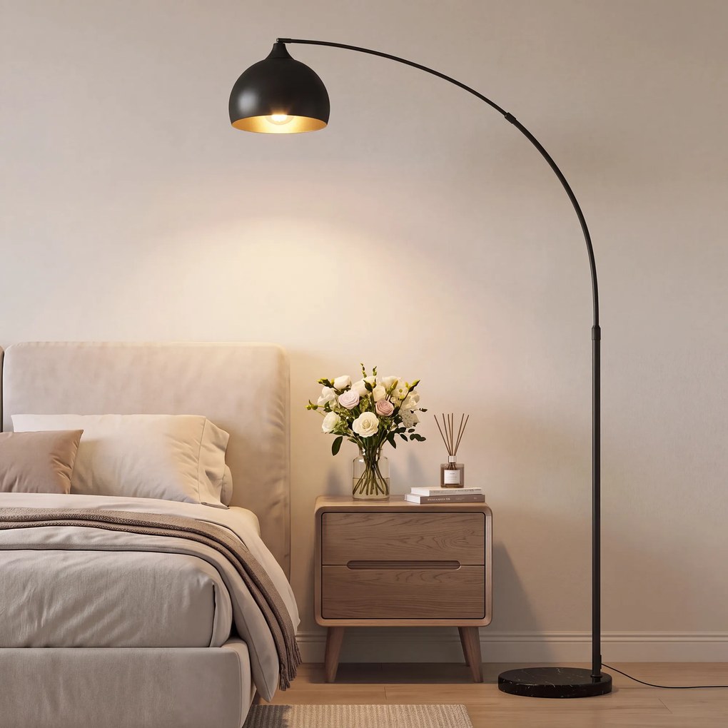 HOMCOM Oblouková lampa, stojací lampa, výškově nastavitelná, nožní vypínač, podstavec s efektem mramoru, 170-180cm, černá