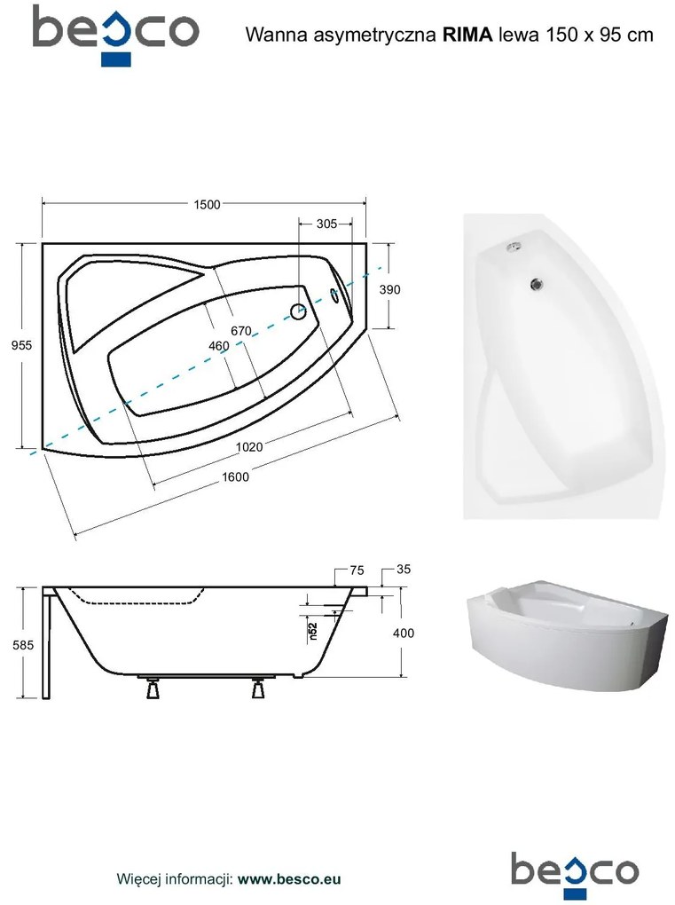 BESCO Asymetrická vana RIMA Nožičky k vaně - S nožičkami, Rozměr vany - 150 × 95 cm, Způsob provedení - Levé - VANRIM150L+OLVPINOZ