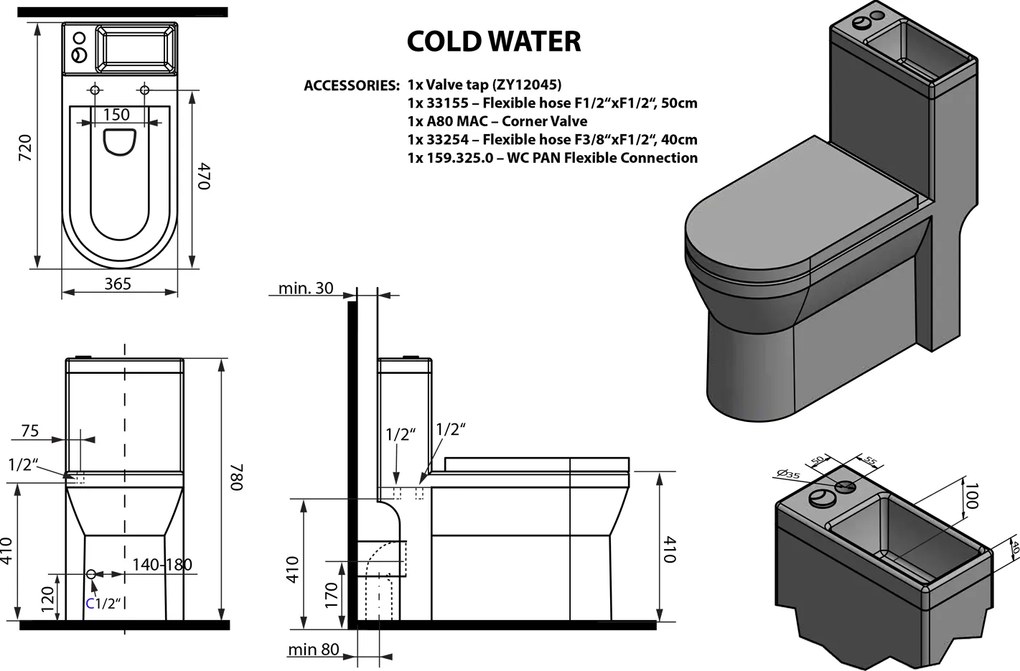 Aqualine Aqualine, HYGIE WC kombi s umyvadélkem, zadní/spodní odpad, bílá, PB104W