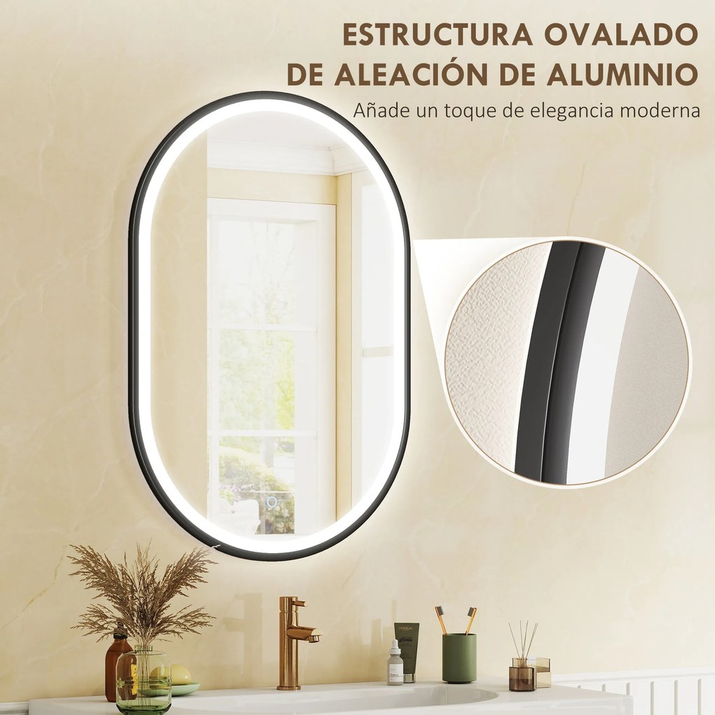 HOMCOM zrcadlo do koupelny se světlem 60x90 cm oválné nástěnné zrcadlo 3 barvy světla stmívatelné protimlhové černé