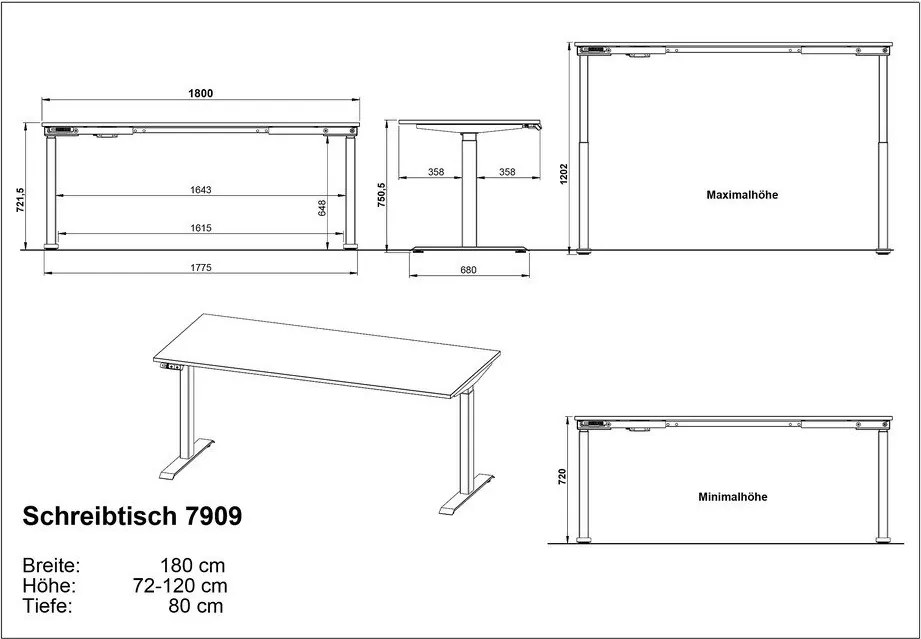 Polohovací pracovní stůl s elektricky nastavitelnou výškou s deskou v dubovém dekoru 80x180 cm Lissabon – Germania