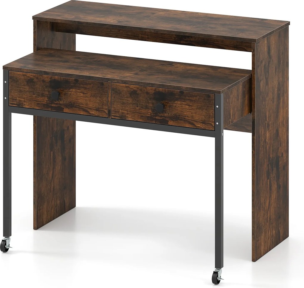 Costway Rozkládací stolek malý s 2 zásuvkami a kolečky – 100 × 63 × 88 cm