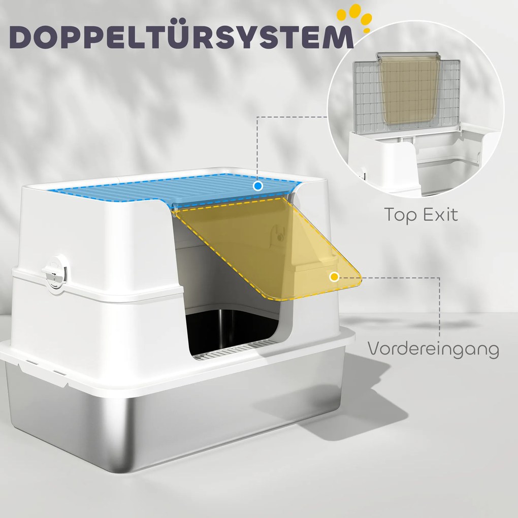 Nádoba na kočičí stelivo, nerezová ocel, vnitřní prostor XL, s lopatkou, světle šedá