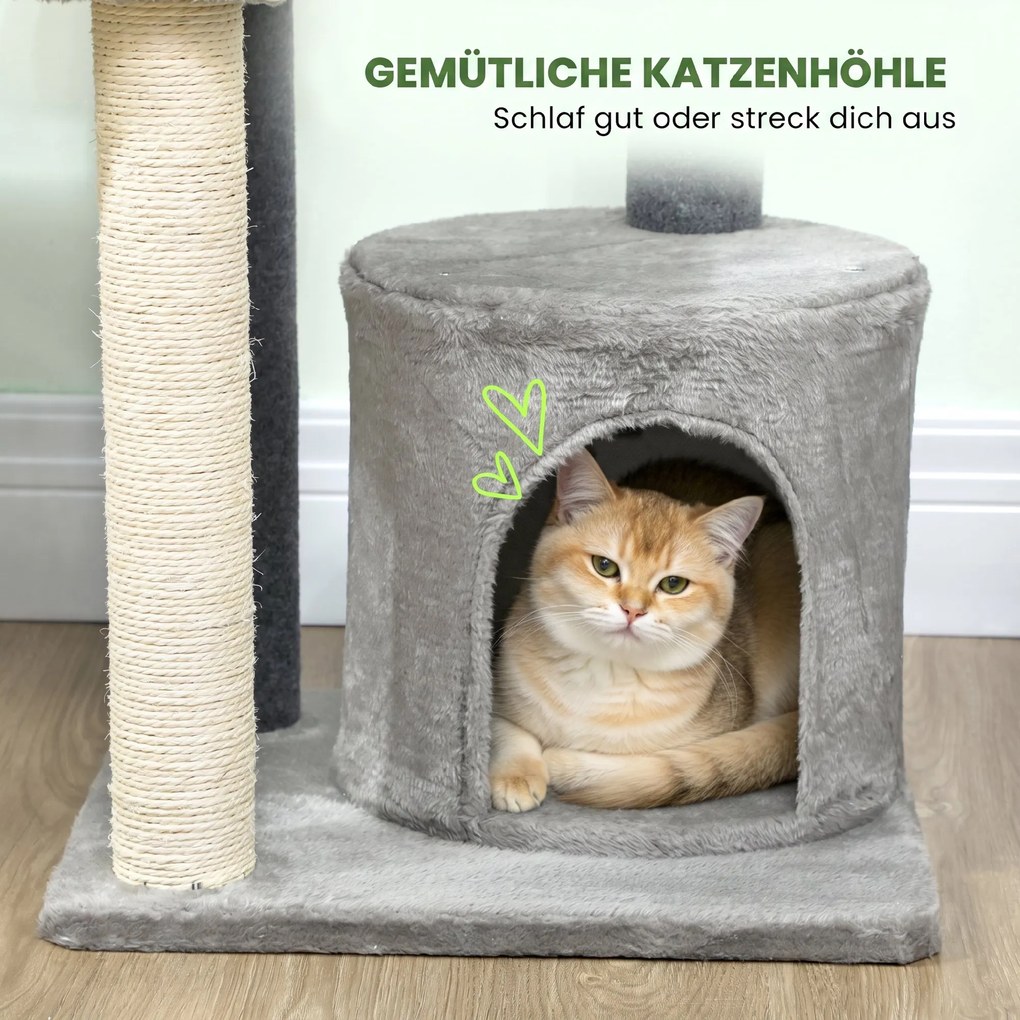 PawHut Škrabadlo 103 cm, kočičí strom s kočičí jeskyní, platformami, sisalovými škrabacími sloupky, plyšový míček pro kočky do 5 kg, šedá