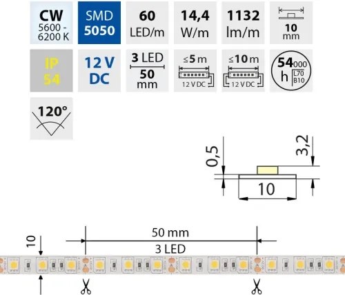 LED pásek McLED 12V studená bílá š=10mm IP54 14,4W/m 60LED/m SMD5050 ML-121.606.60.0