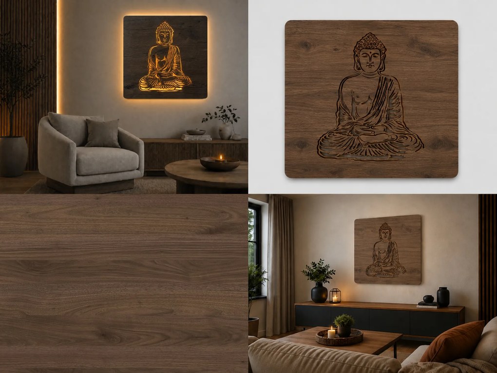 Li-Go "Buddha" světelný obraz s baterií a pohybovým čidlem 62x62 cm provedení povrchu: ořech