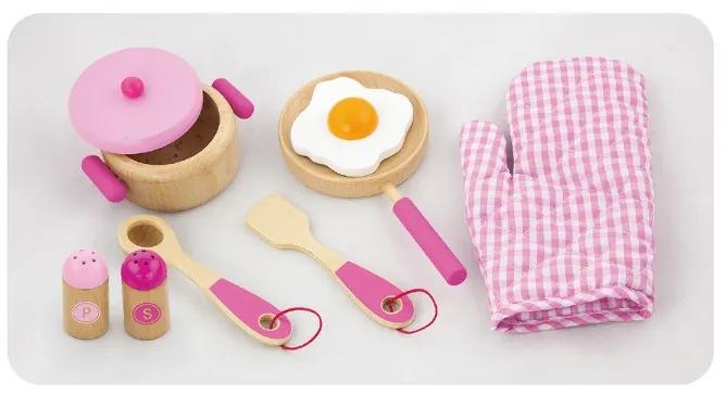 Dětské dřevěné nádobí Viga-snídaně růžové
