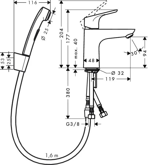 Hansgrohe Focus E2, umyvadlová baterie 100, s ruční sprchou Bidette, chromová, 31927000