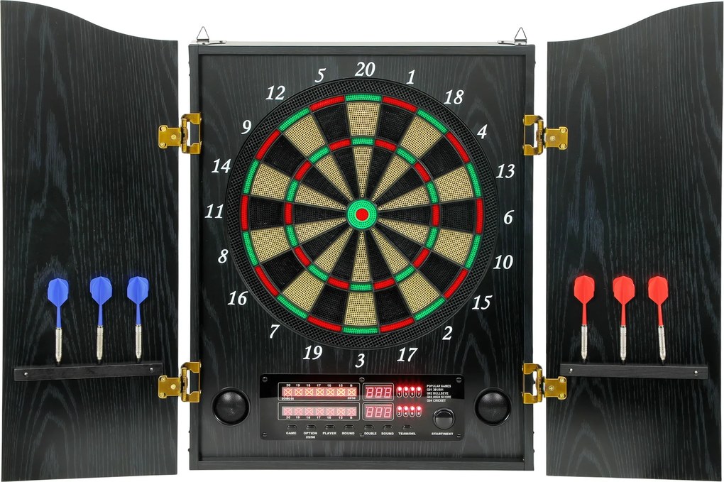 SPORTNOW Elektronický terč E Dartboard s dveřmi vzhled dřeva, LED displej, hlasové hlášení, 6 šipek, 24 náhradních hrotů