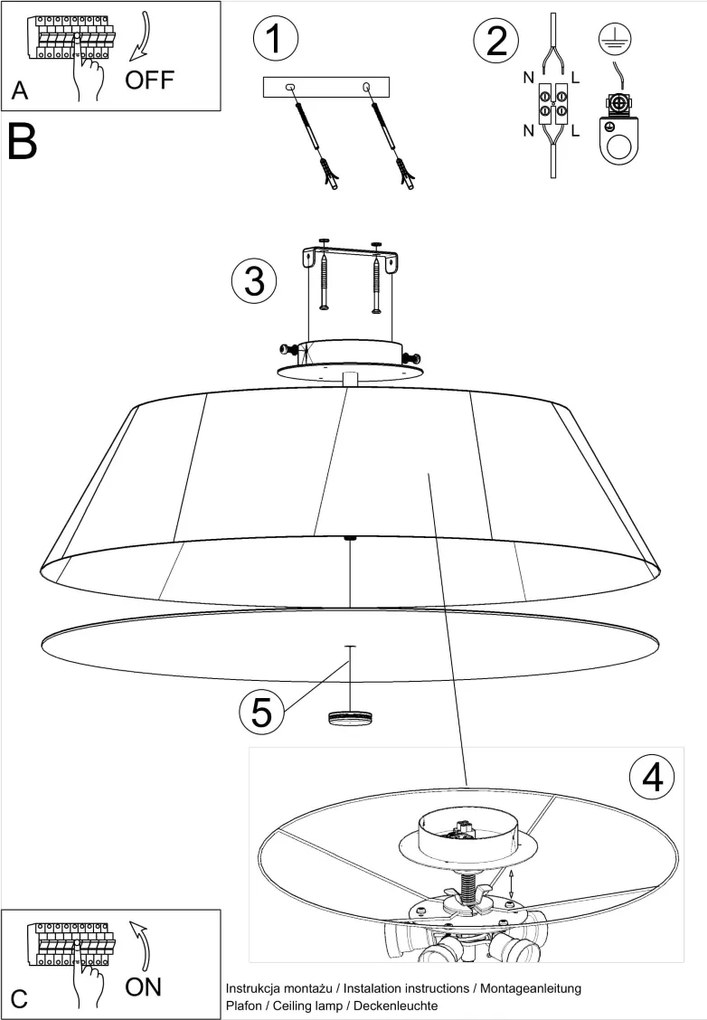 Stropní svítidlo Vega, 1x černé textilní stínítko, (bílé sklo), (fi 60 cm)