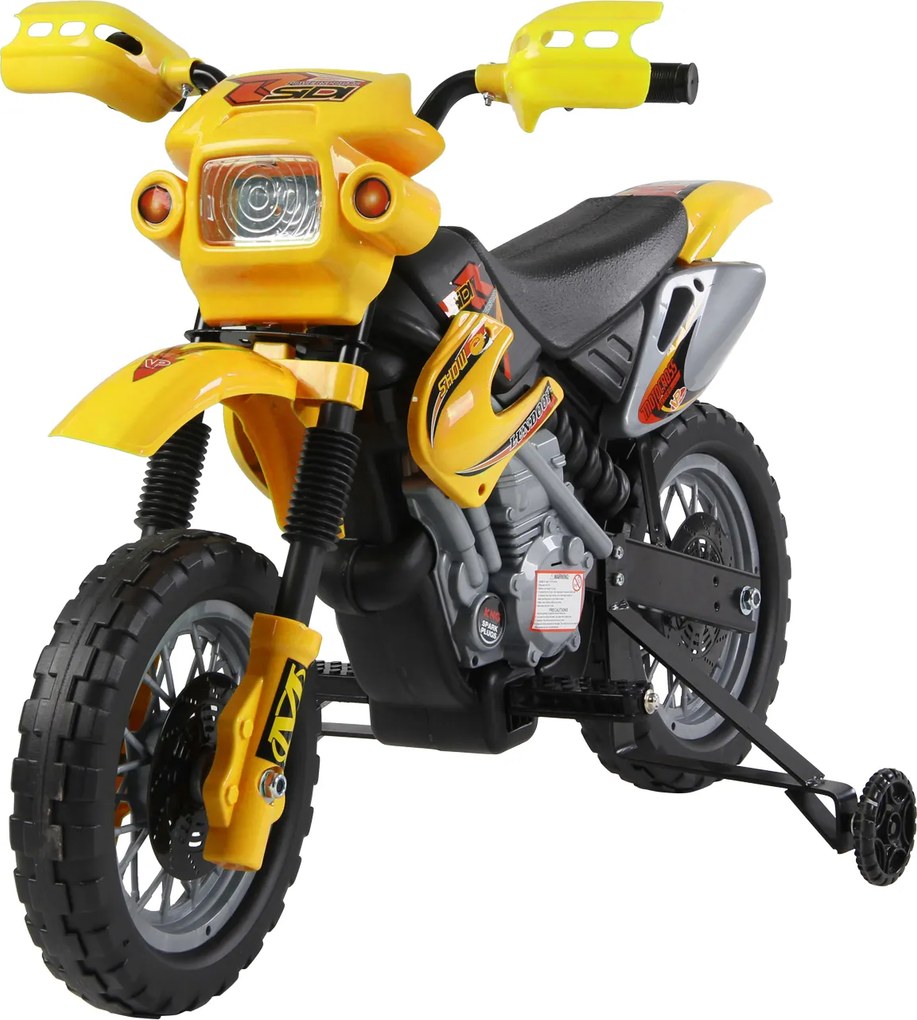 HOMCOM Dětská Elektrická Motorka, Krosová Motorka pro Děti s 6V Baterií, Světly, Hudbou a Přídavnými Koly, Věk 3-6, Nosnost 25KG, Žlutá a Černá