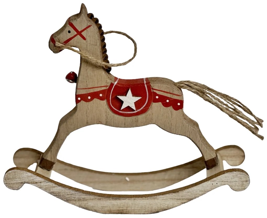 Dekorace koník houpací, malý, přírodní/červená, 21x18x5,2cm