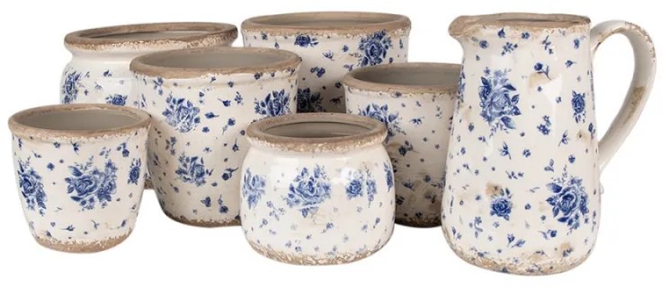 Béžový keramický obal na květináč s modrými růžičkami Schylar – 12x10 cm