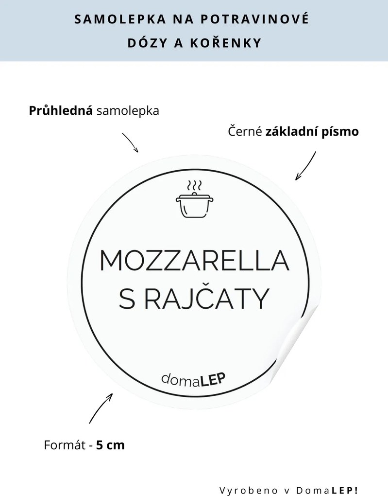 Samolepka na kořenky MOZZARELLA S RAJČATY průhledná 5 cm základní písmo