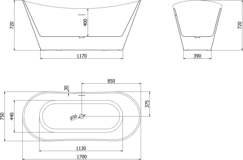 Mexen Celia, volně stojící vana 170 x 75 cm, bílá-černá, chromový přepad, 52331707575-01
