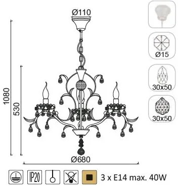 ACA DECOR Závěsný lustr SARDINIA max. 3x40W/E14/230V/IP20