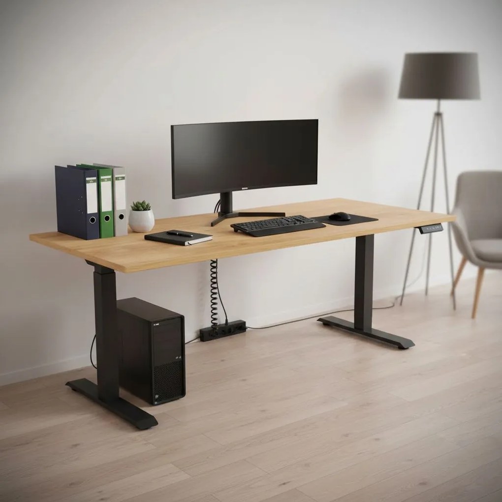 Výškově nastavitelný stůl OfficeTech D, 200 x 80 cm, černá podnož, dub zlatý