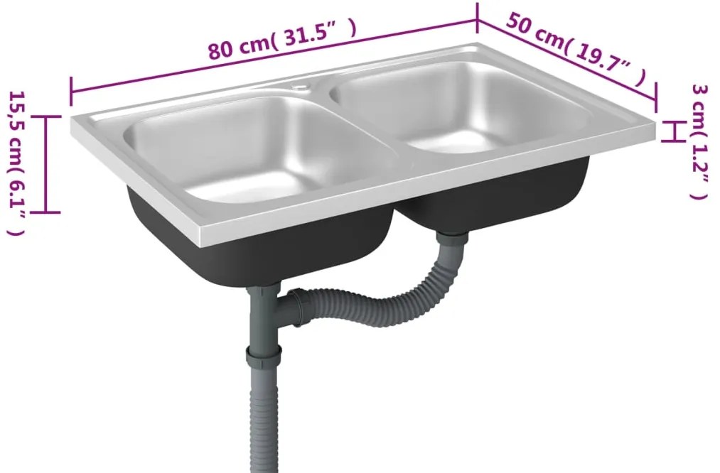 vidaXL Marketos Kuchyňský dvojitý dřez stříbrný 800x500x155 mm nerezová ocel