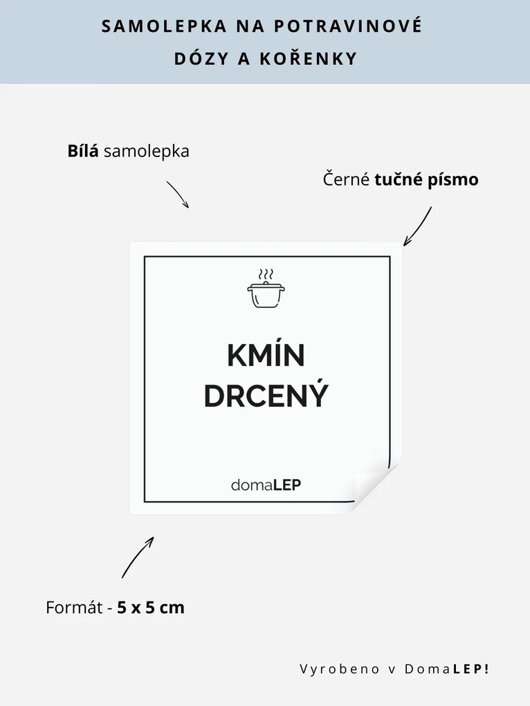 Samolepka na kořenky KMÍN DRCENÝ bílá 5 × 5 cm tučné písmo