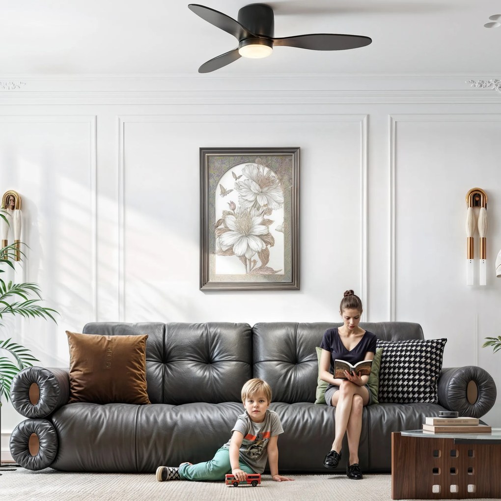 Stropní ventilátor s lampou a dálkovým ovládáním, 3 barvy světla, 6 rychlostí, nastavitelný jas, černý