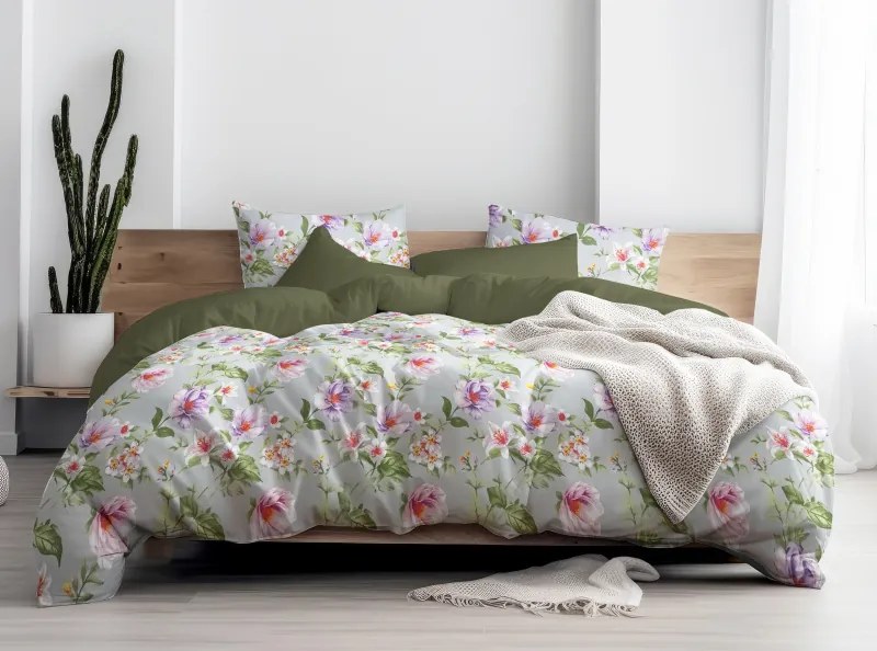Ervi Bavlněné povlečení oboustranné - Magnolia a lilia na šedém/olivové
